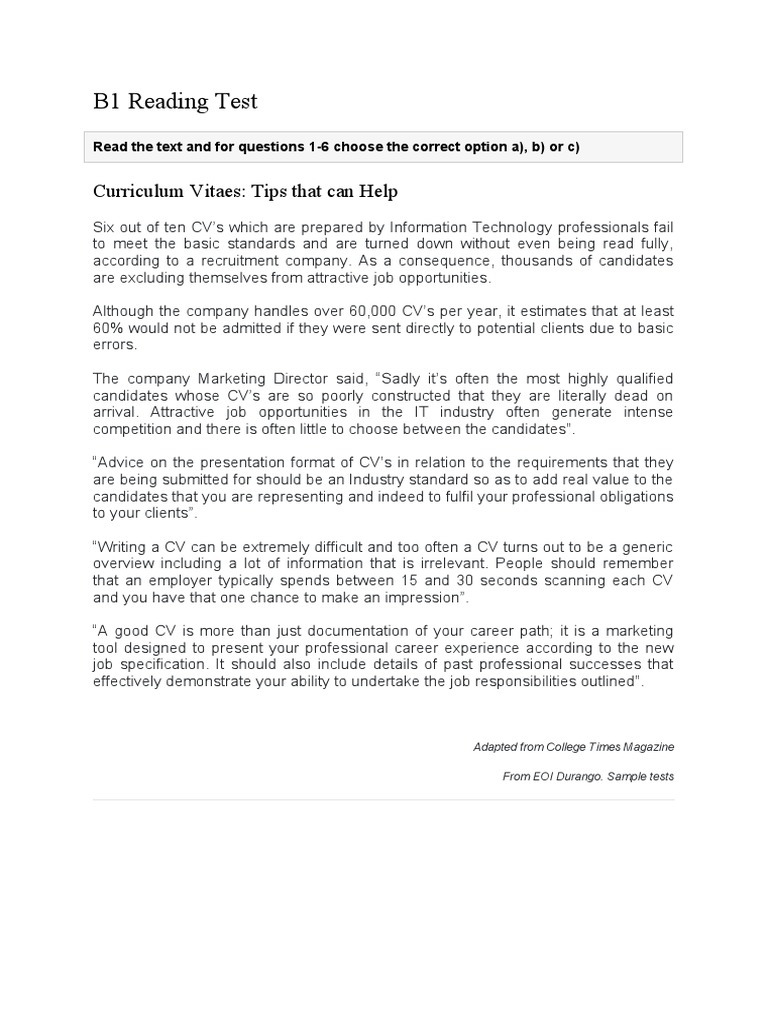 B1 Reading Test | PDF | Marketing