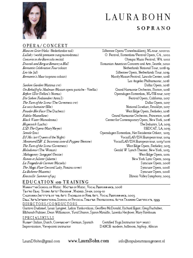 Laura Bohn Opera Resume July 2021 | Download Free PDF | Opera | Vocal ...