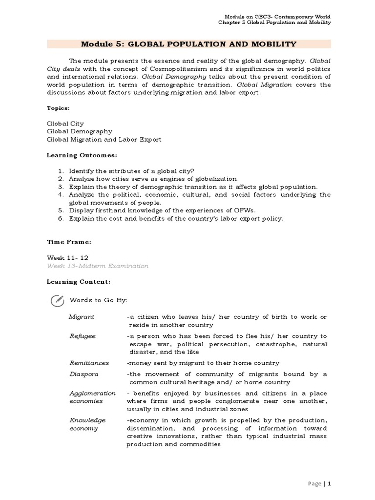 7 - Global Population and Mobility | PDF | Human Migration | Employment