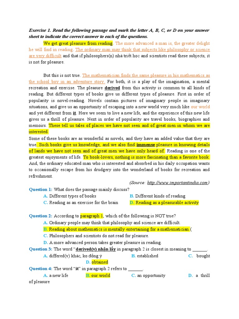 Exercise 1. Read The Following Passage and Mark The Letter A, B, C, or D On Your Answer Sheet To ...