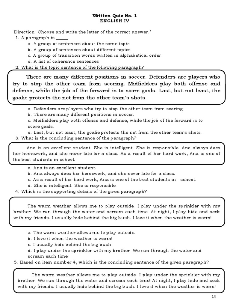 Written Quiz No. 1 English Iv | PDF | Water