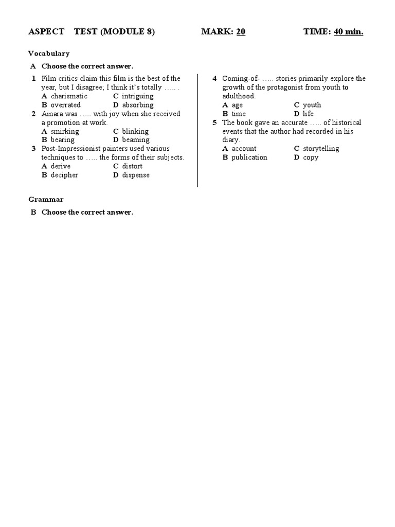 Aspect Test (Module 8) Mark: 20 Time: 40 Min | PDF | Mail