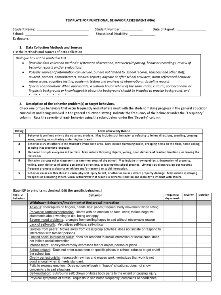 FBA Template for Educators | PDF | Reinforcement | Behavior