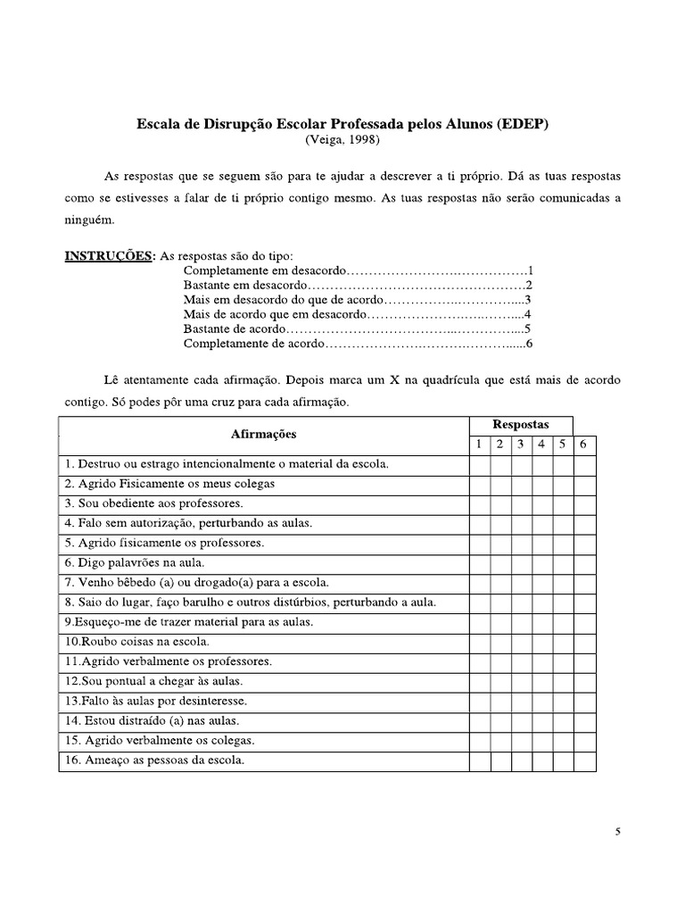 Escala de Disrupção Escolar Professada Pelos Alunos (EDEP) | PDF
