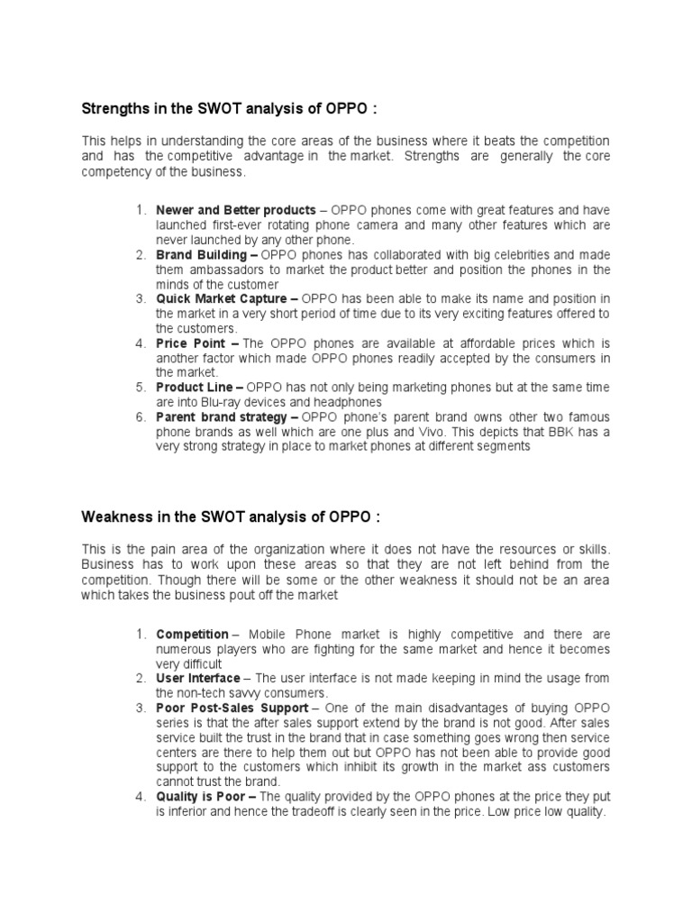 Oppo SWOT Analysis | PDF | Brand | Swot Analysis