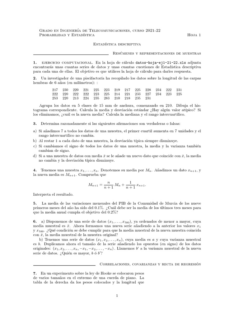 Hoja 1 de Ejercicios Probabilidad y Estadistica Uam | PDF | Regresión lineal | Correlación y ...