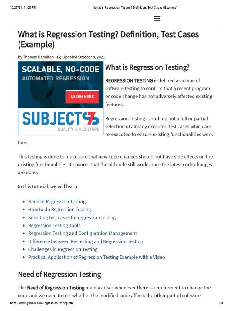 What Is Regression Testing Definition Test Cases Example Pdf