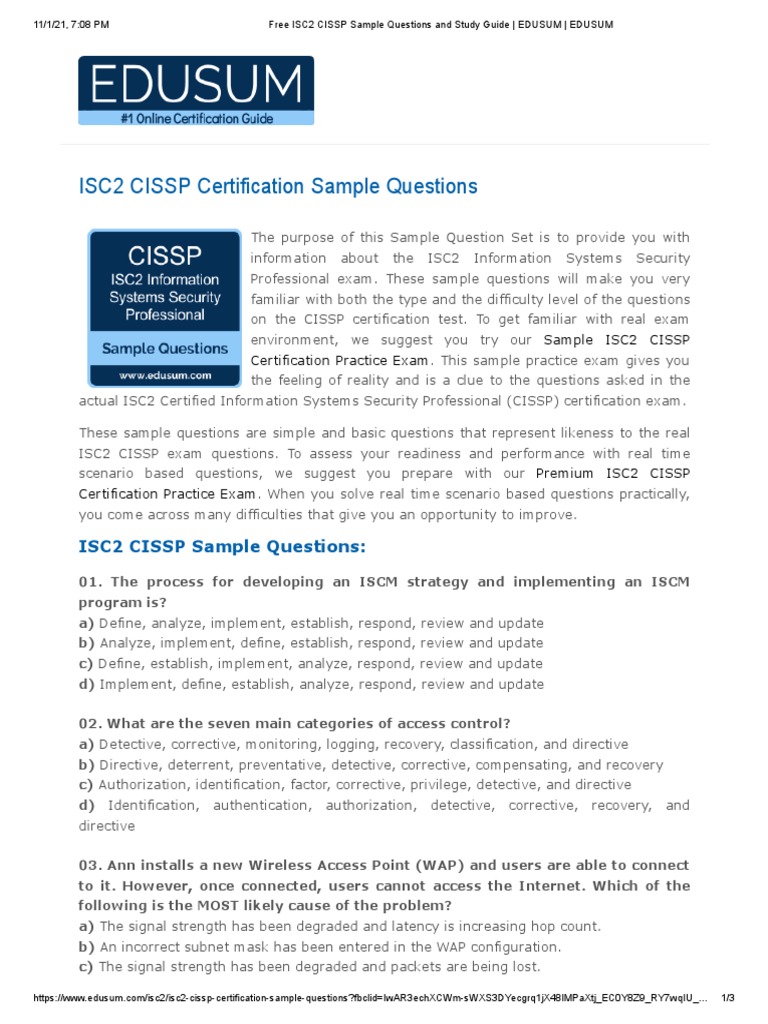 Free CISSP Sample Questions & Guide | PDF | Test (Assessment) | Risk