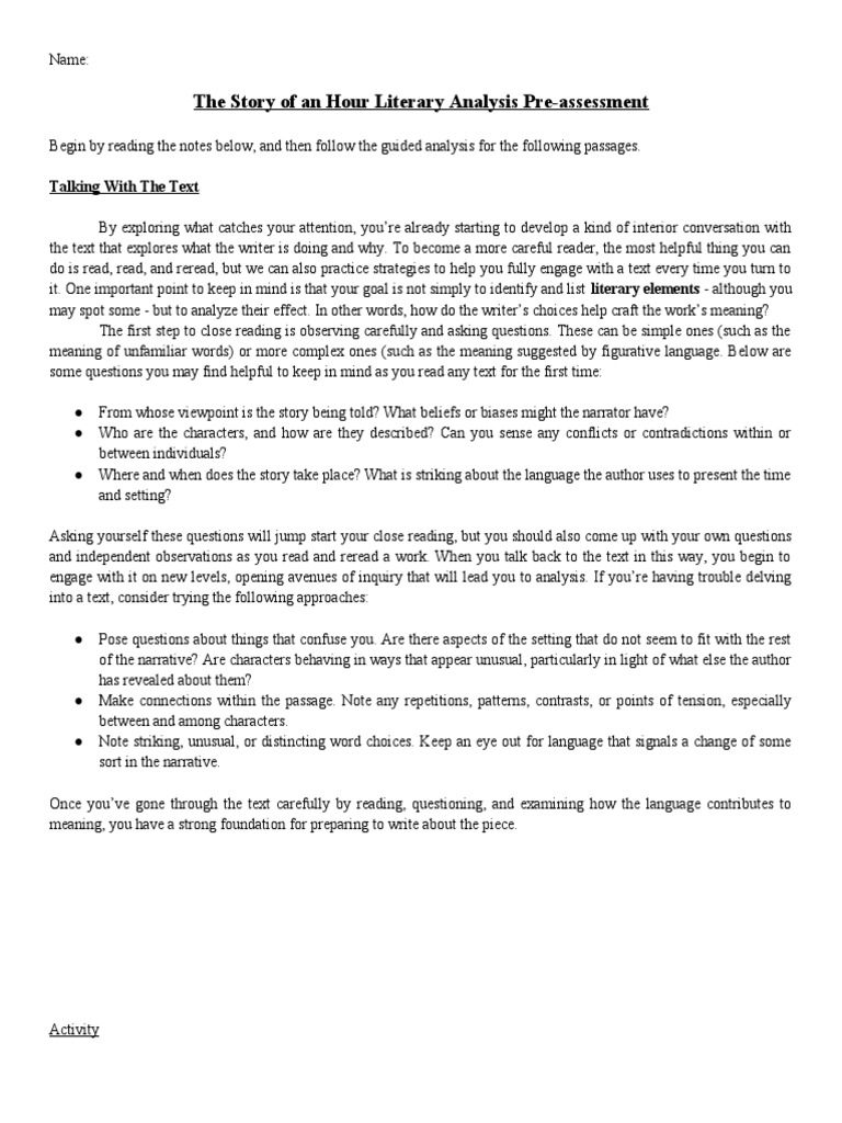 The Story of An Hour Analysis Chart | PDF | Narration | Cognition