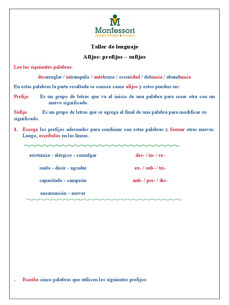 Taller Afijos - Sufijos y Prefijos 2° | PDF | Morfología Lingüística ...