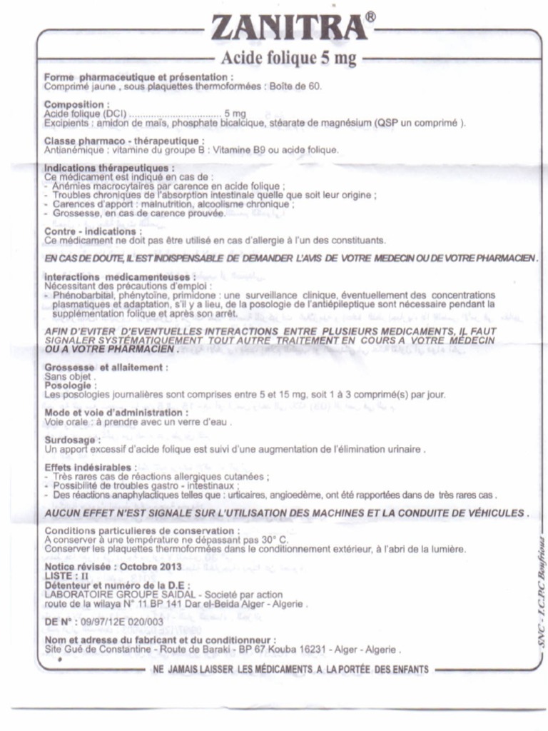 Notice Zanitra 5mg Comp. B 60 | PDF | Médecine | Médecine clinique