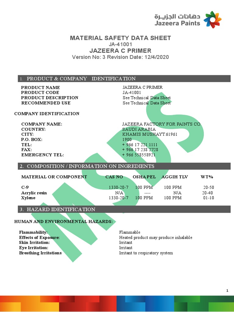 Jazeera C Primer-Msds | PDF | Dangerous Goods | Chemistry