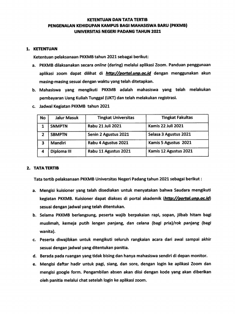 Ketentuan Dan Tata Tertib PKKMB UNP 2021 | PDF