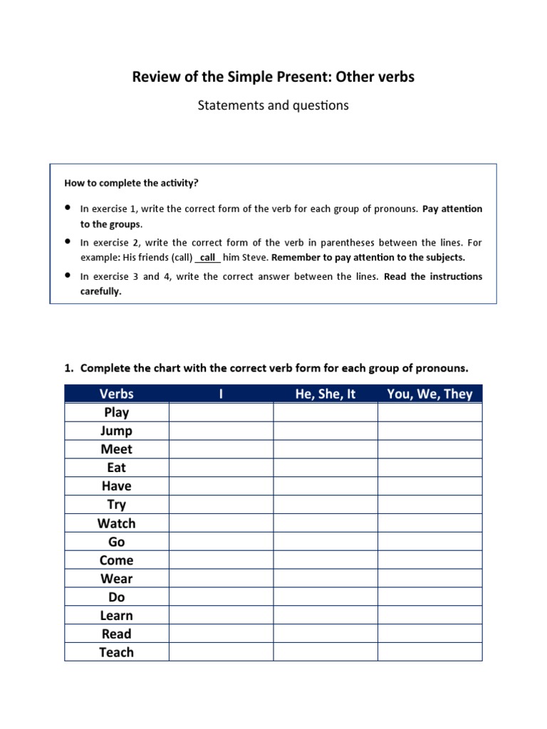 Simple Present Verbs: Exercises Guide | PDF | Question | Verb