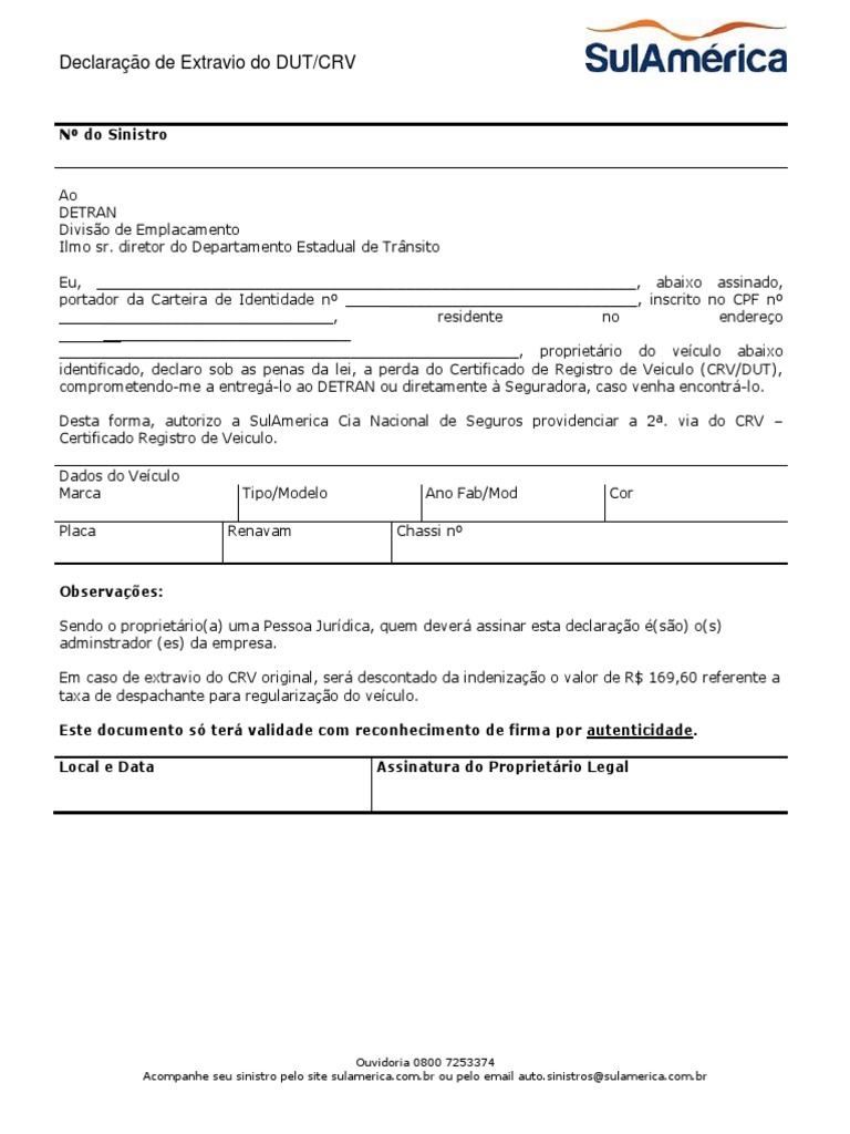 Declaração de Extravio de DUT CRV PF | PDF
