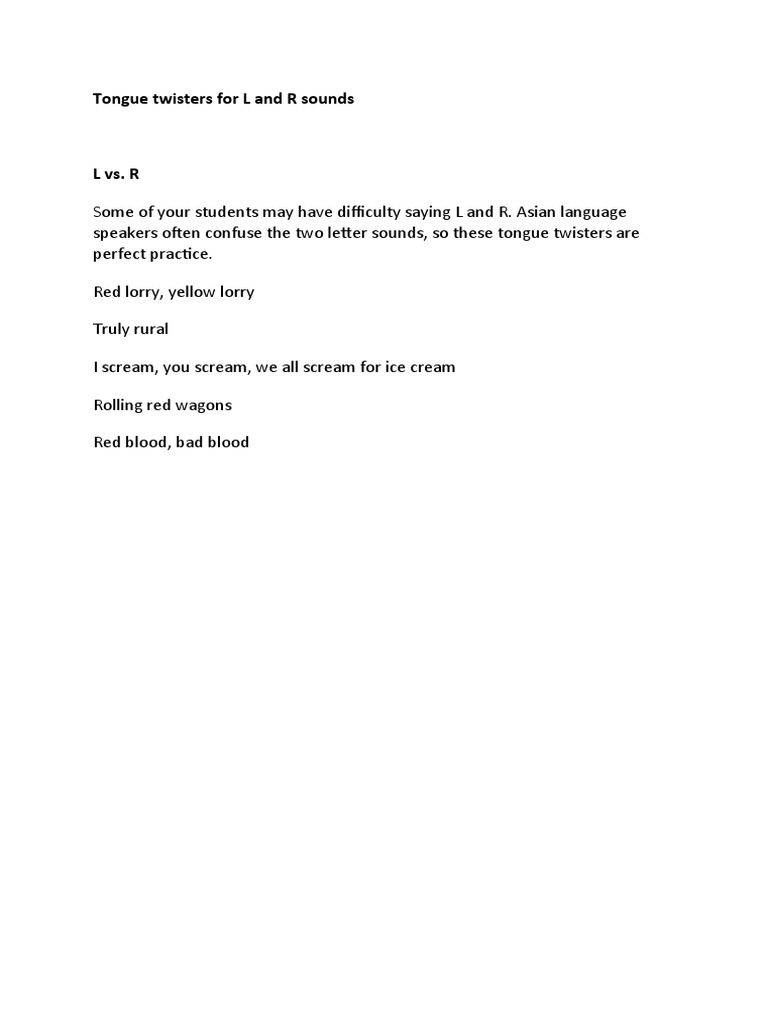L and R Tongue Twisters for Practice | PDF