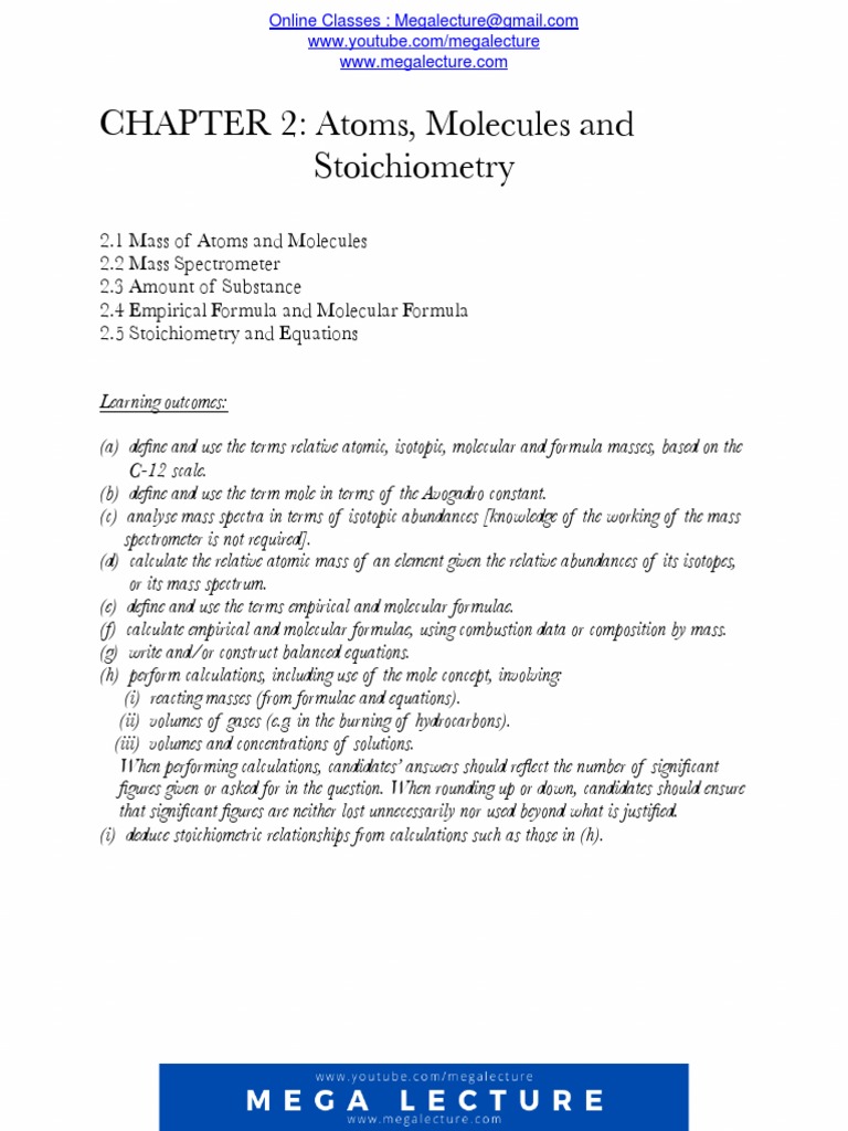 Online Classes: Atoms, Molecules, Stoichiometry & Mass Spectrometry | PDF | Mole (Unit) | Solution