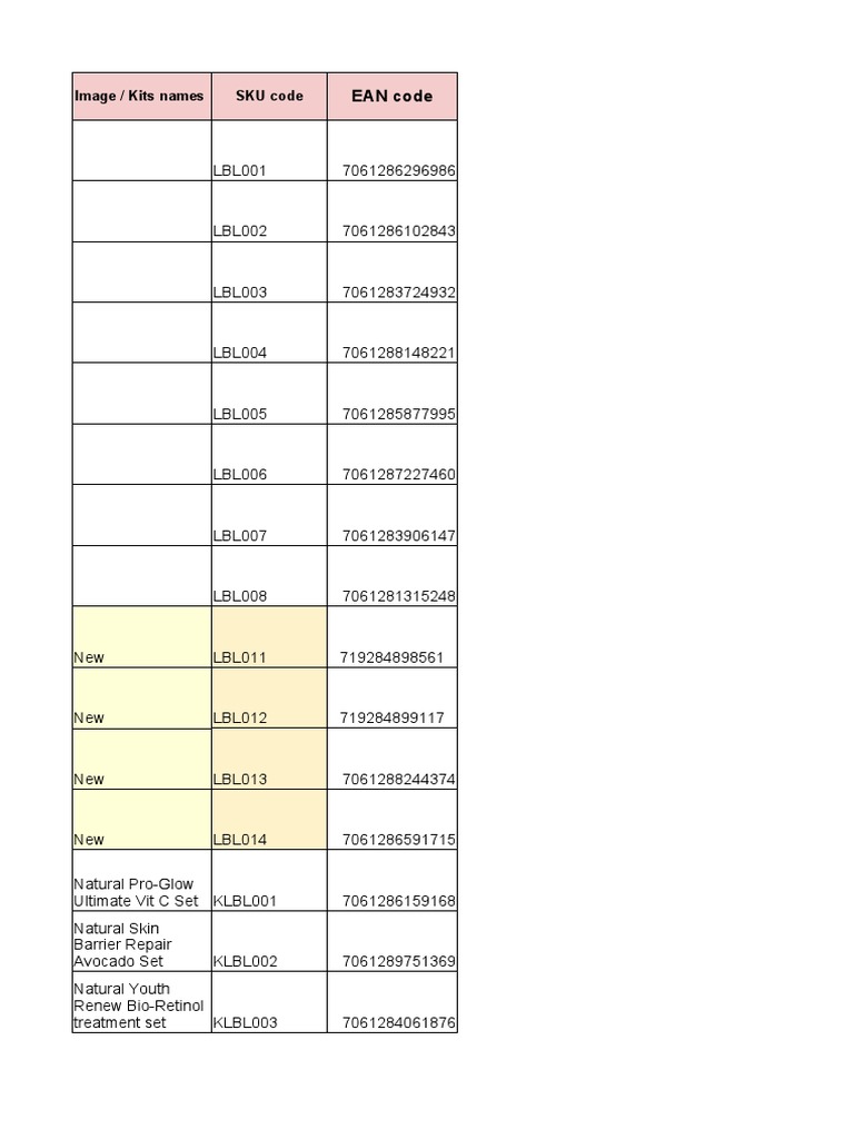 EAN Code: Image / Kits Names SKU Code | PDF | Glycerol | Food Ingredients