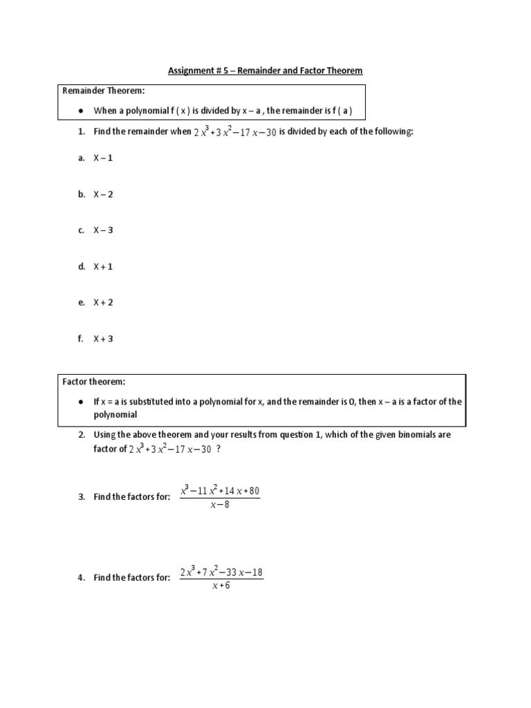 Assignment # 5 - Remainder and Factor Theorem | PDF