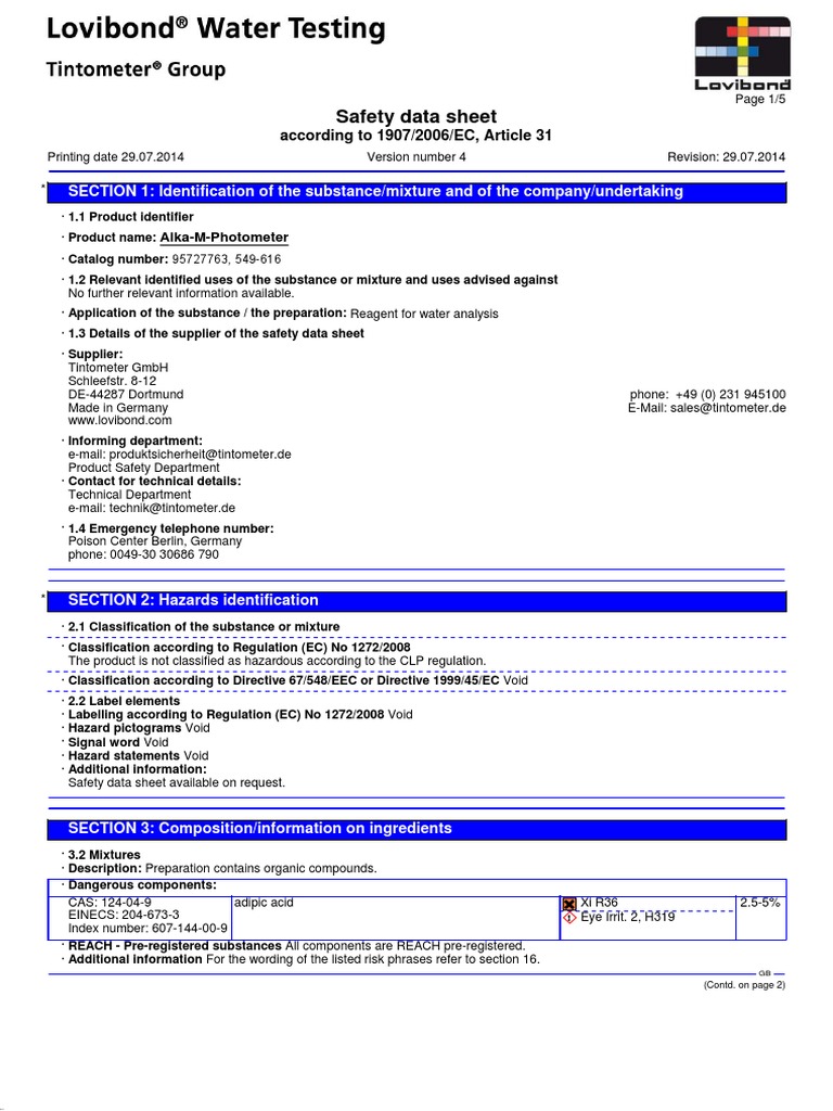 Safety Data Sheet for Alka-M-Photometer Reagent | PDF | Dangerous Goods ...