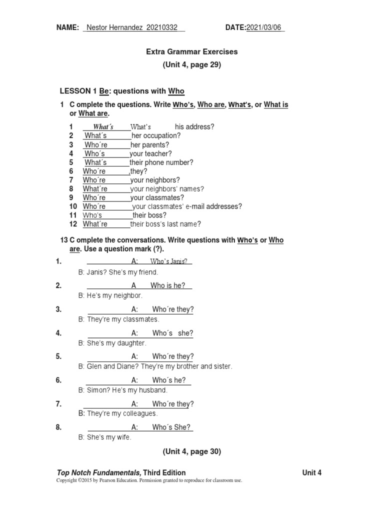 Extra Grammar Exercises (Unit 4, Page 29) : Top Notch Fundamentals, Third Edition | PDF | Human ...