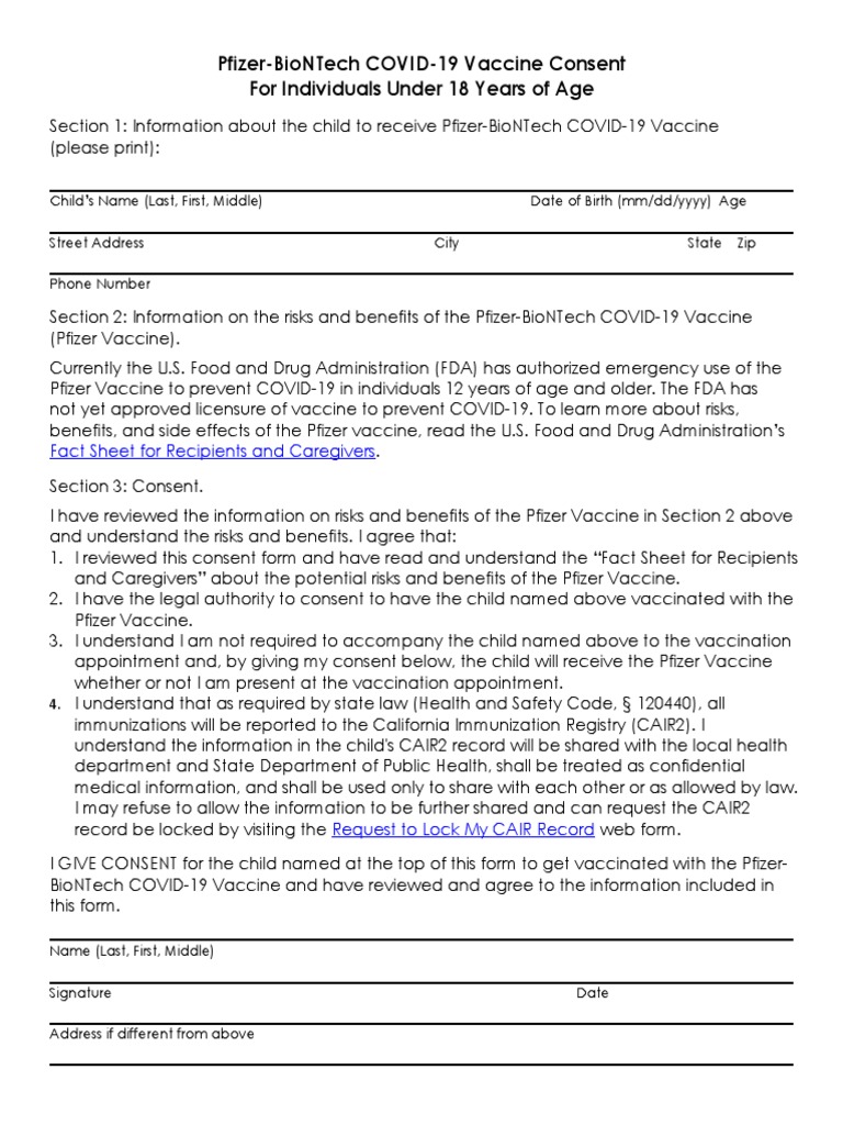 Pfizer Vaccine Consent Form | PDF | Vaccines | Pfizer