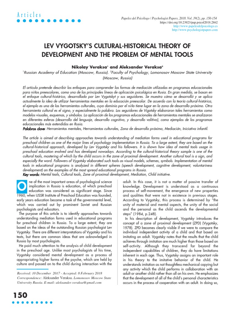 Articles: Lev Vygotsky'S Cultural-Historical Theory of Development and ...