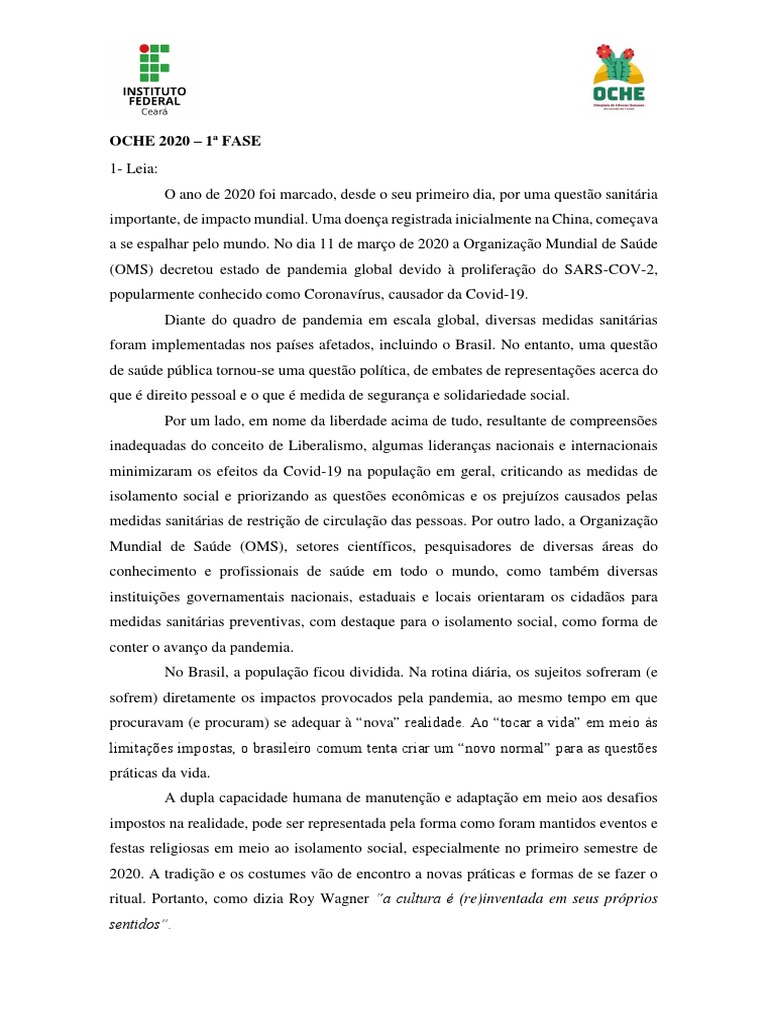 Prova OCHE 2020 1a FASE | PDF | Sociologia | Liberdade de expressão