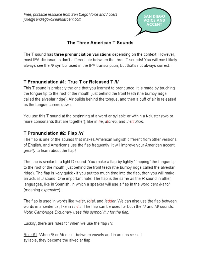 The Three American T Sounds: Free, Printable Resource From San Diego ...