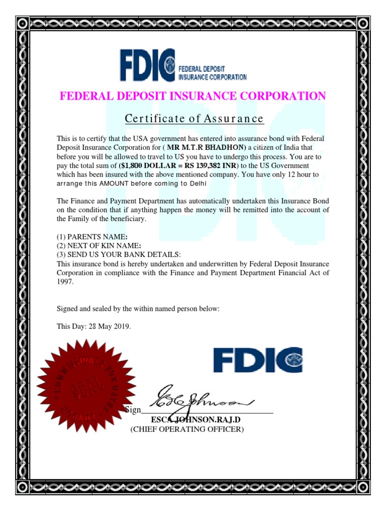 Federal Deposit Insurance Corporation: Certificate of Assurance | PDF