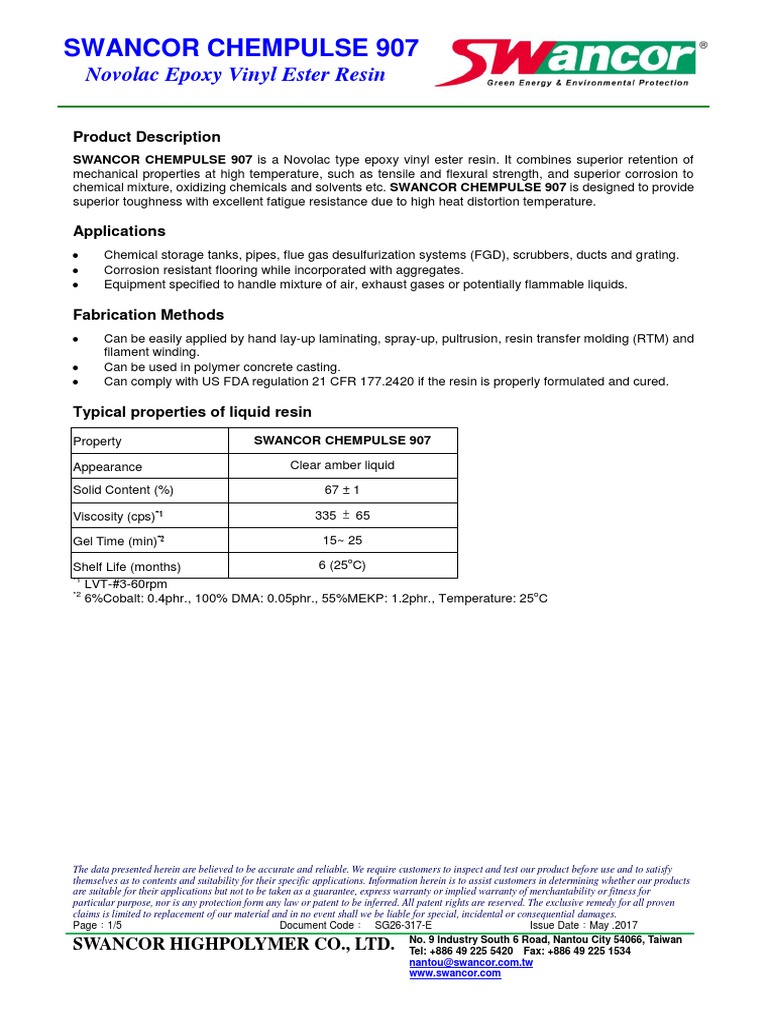 Swancor Chempulse 907: Novolac Epoxy Vinyl Ester Resin | PDF | Epoxy ...