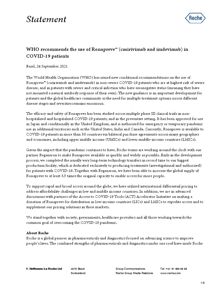 Roche Statement WHO Ronapreve Guidance | PDF | Health Care | Developing ...