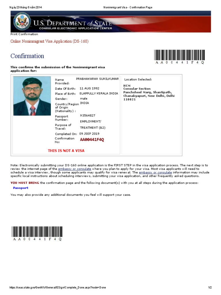 Confirmation: Online Nonimmigrant Visa Application (DS-160) | PDF ...