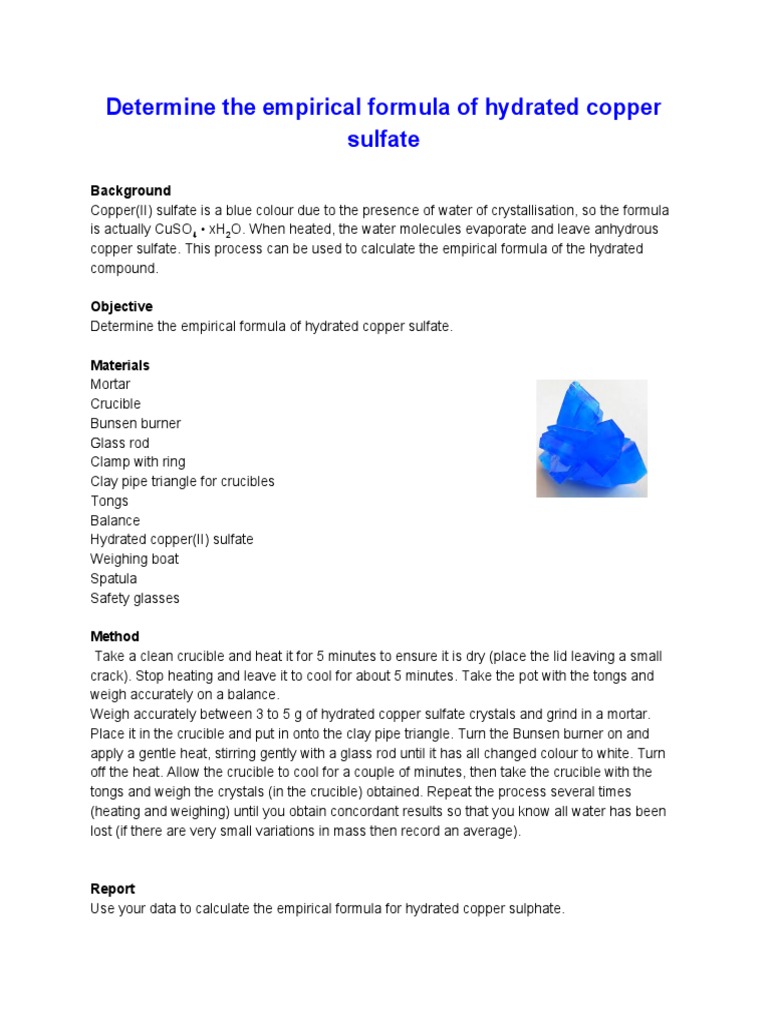 Determine The Empirical Formula of Hydrated Copper Sulfate: Background ...