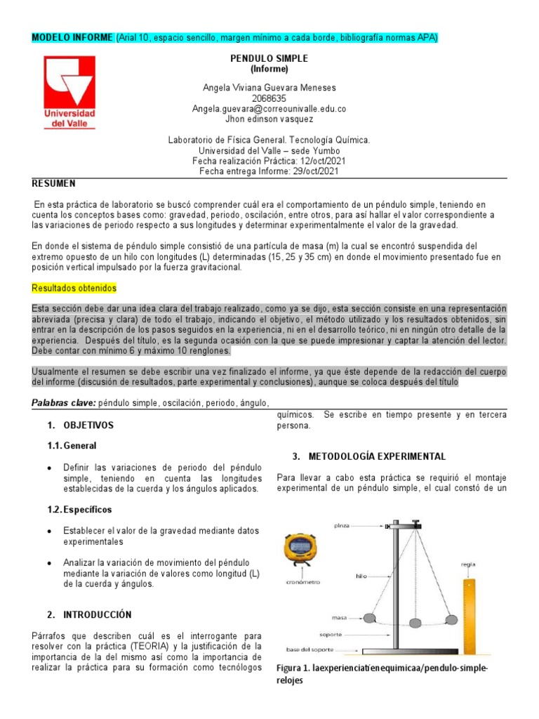 Informe Pendulo Simple | PDF | Péndulo | Estilo apa