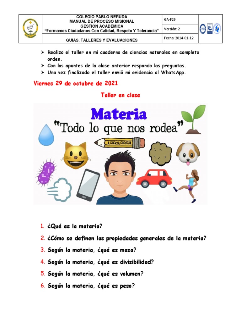 Hoja De Trabajo Sobre Las Propiedades De La Materia, Tercer Grado Guia