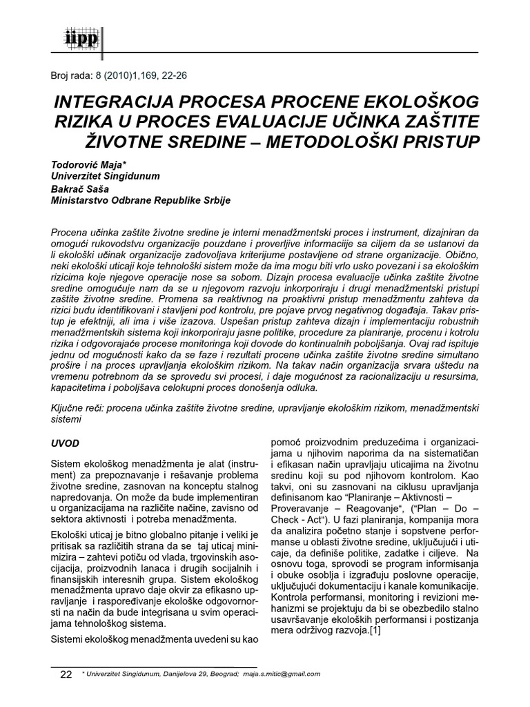 Integracija Procesa Procene Ekološkog Rizika U Proces Evaluacije U ...