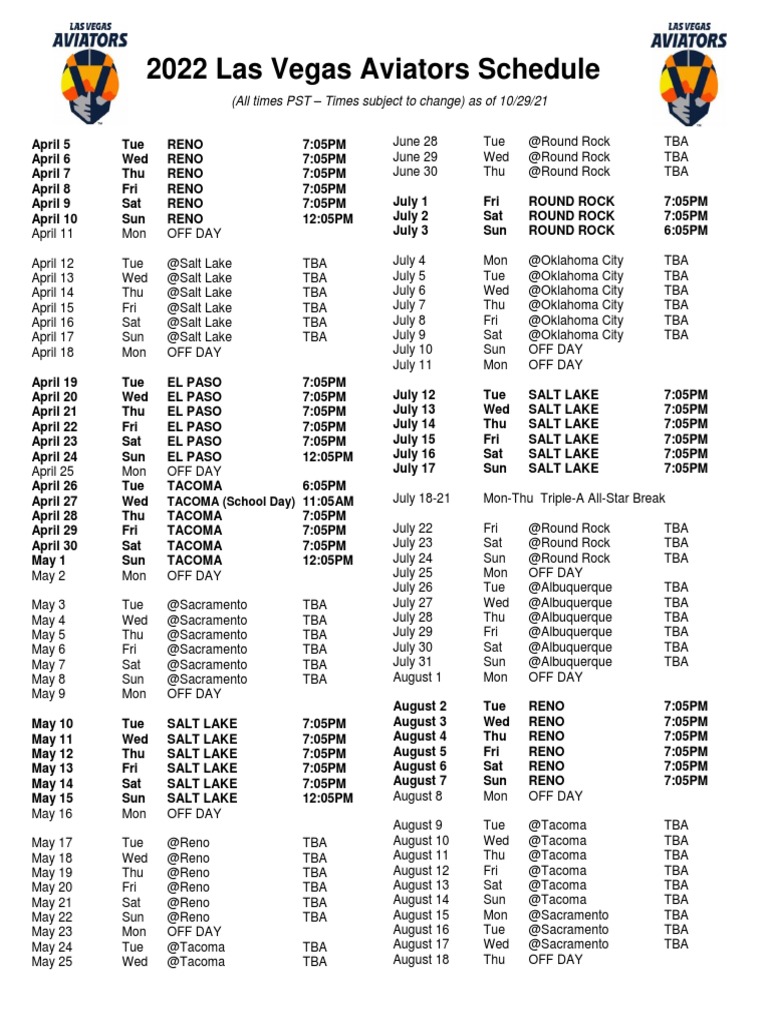 2022 Las Vegas Aviators Schedule | PDF | Major League Baseball Teams ...