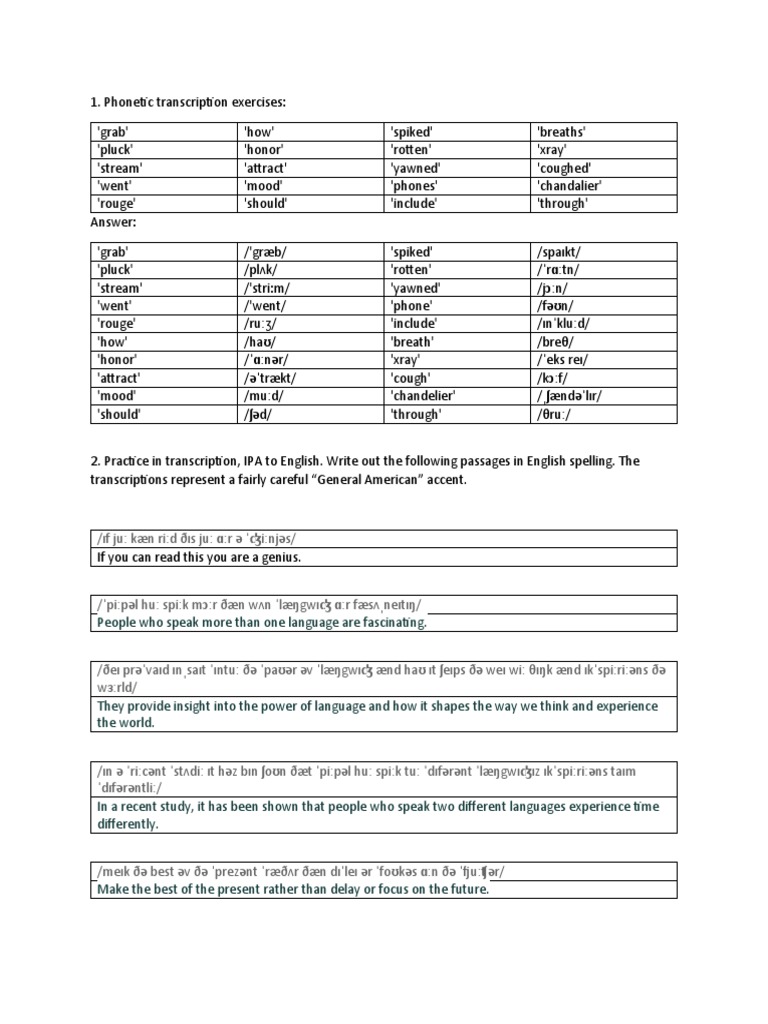 Phonetic Transcription Exercises-Answersheet | PDF | Collation | Human Voice