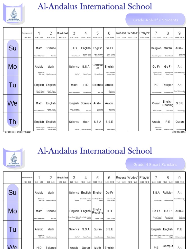 Upper Elementary Schedule (Classes) 2021-2022 | PDF