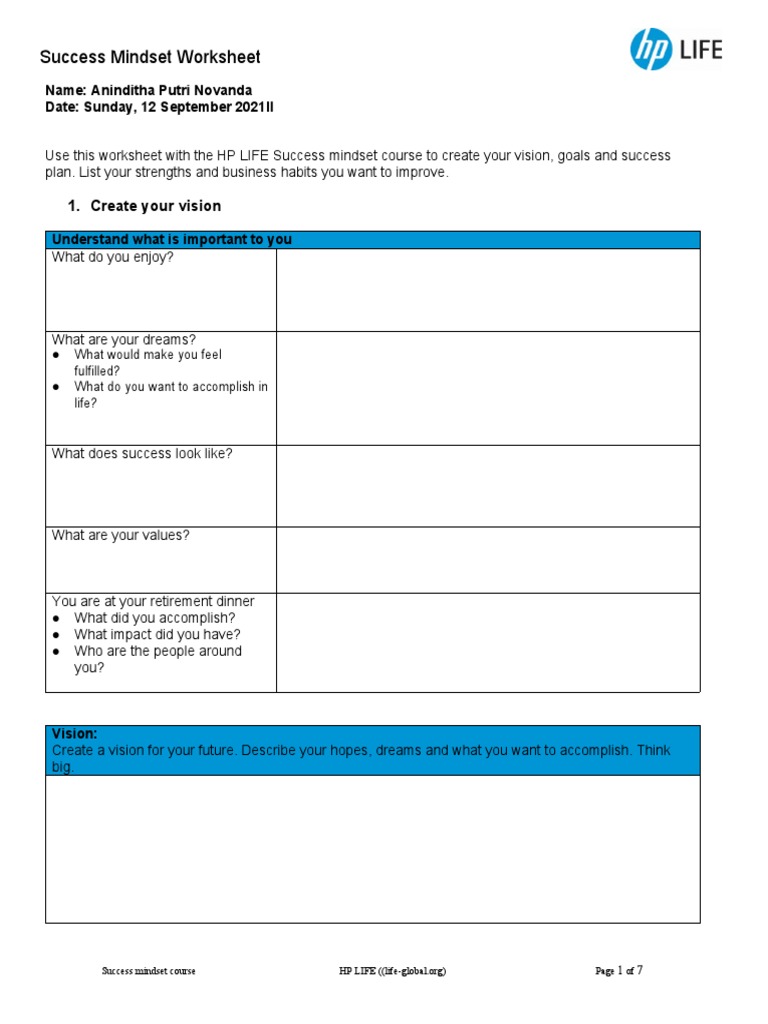 Success Mindset Worksheet: 1. Create Your Vision | PDF | Consultant | Goal