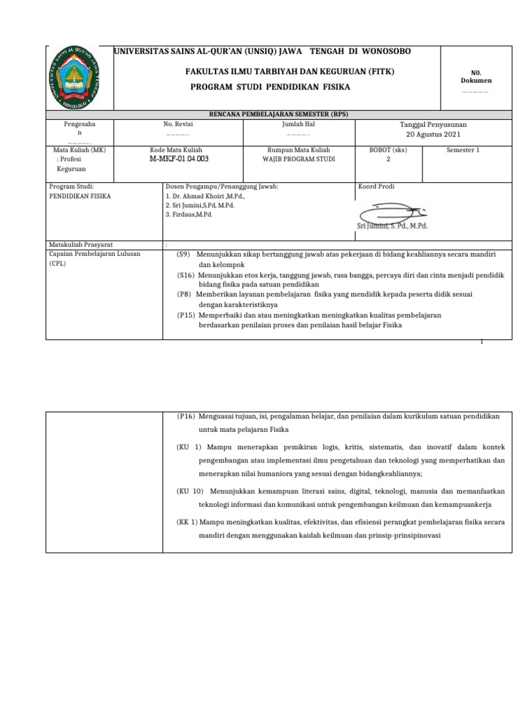 RPS Project Based Learning-Profesi Keguruan 2021 | PDF
