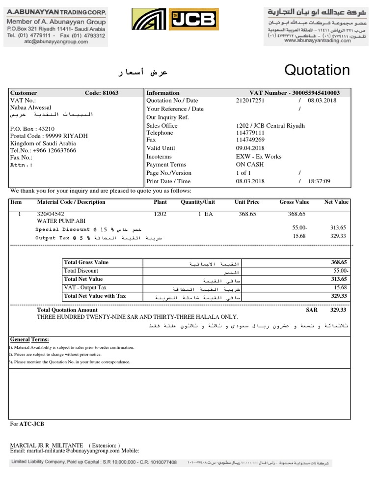 Quotation: Customer Code: 81063 Information VAT Number ...