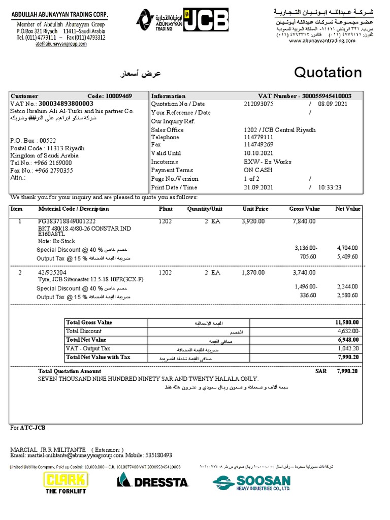 Quotation: Customer Code: 10009469 Information VAT Number ...