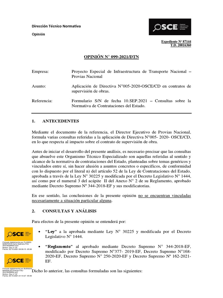 Opinión 099-2021 - PROVÍAS NAC. - Directiva 005-2020-OSCE para Contratos de Supervision PDF ...