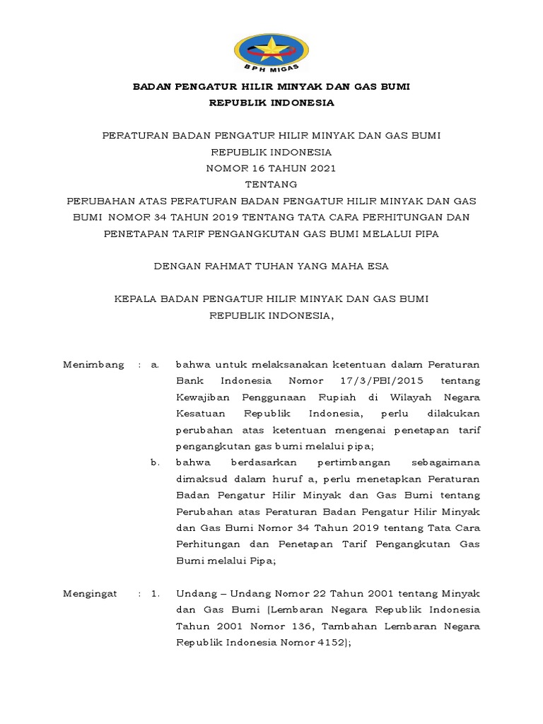 Peraturan BPH Migas No. 16 Tahun 2021 | PDF