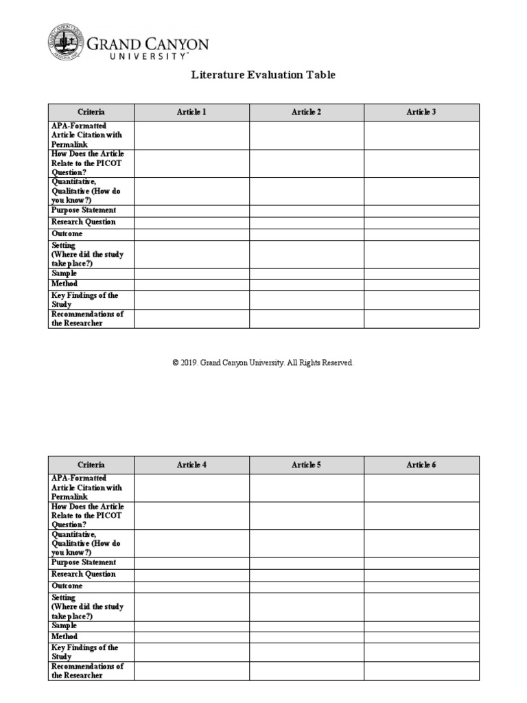 Literature Evaluation Table: © 2019. Grand Canyon University. All ...