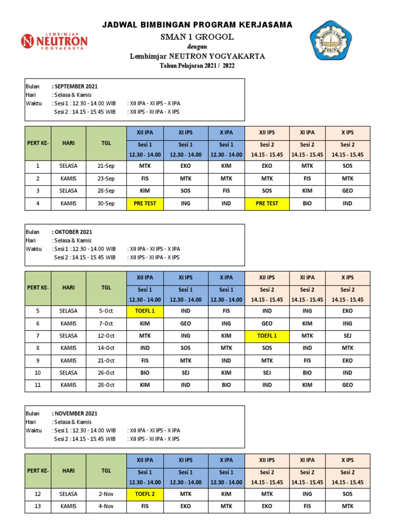 Jadwal Bimbingan SMAN 1 Grogol 2021 | PDF