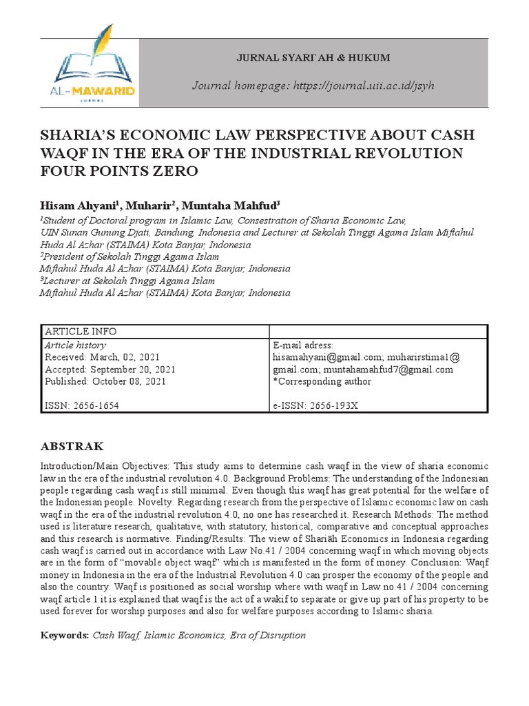 Sharias Economic Law Persective About Cash Waqf in The Era of The Industrial Revolution | PDF ...
