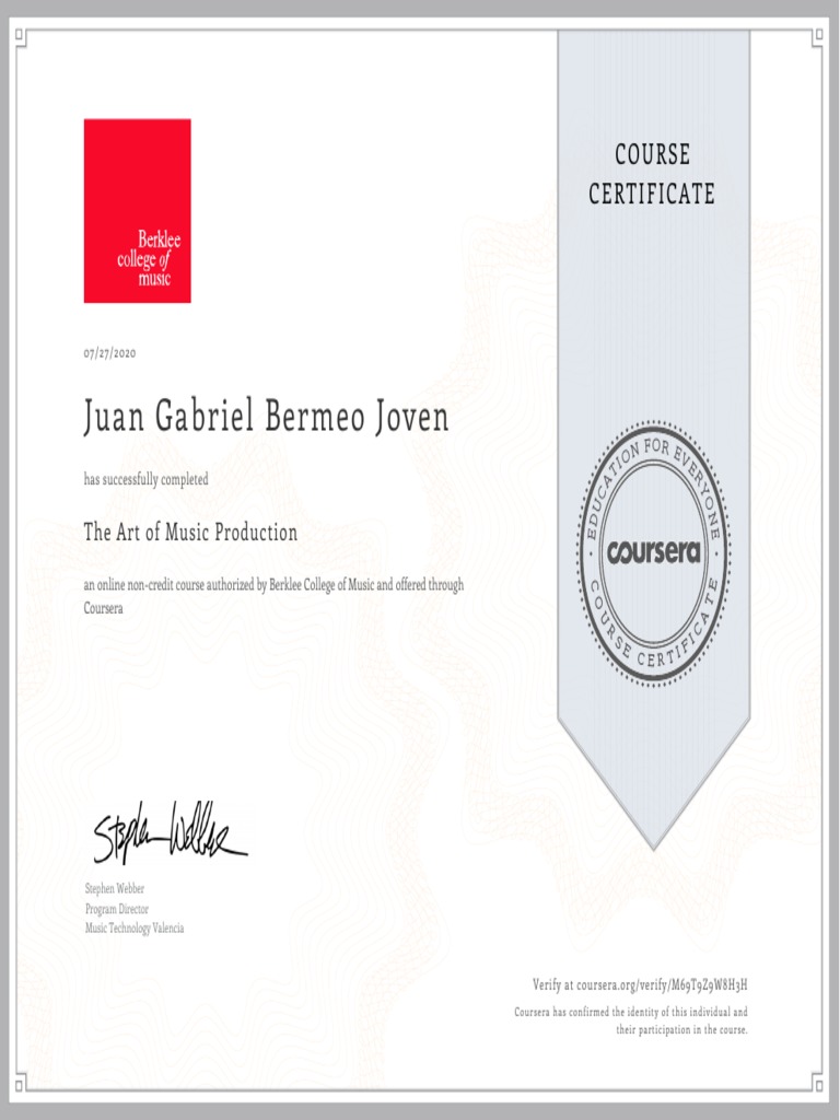 Coursera Certificado The Art of Music Production | PDF